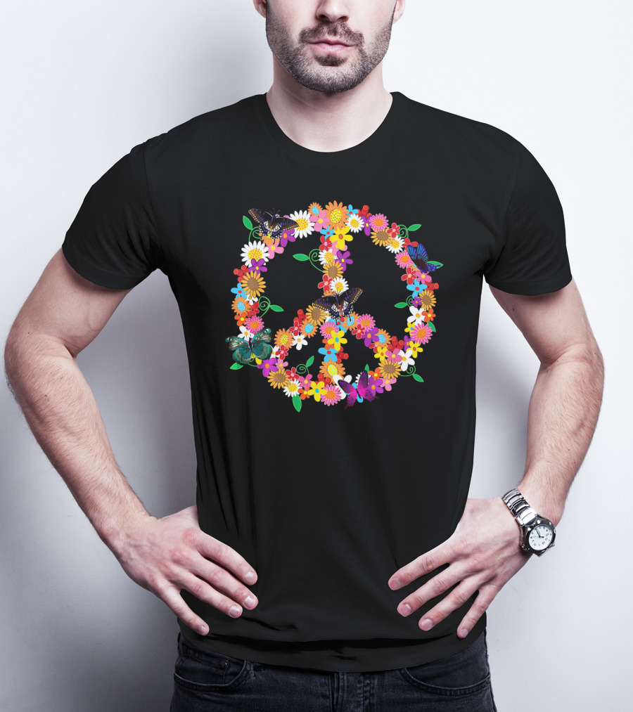 Fluttering Spring Flowers Peace Sign T-Shirt