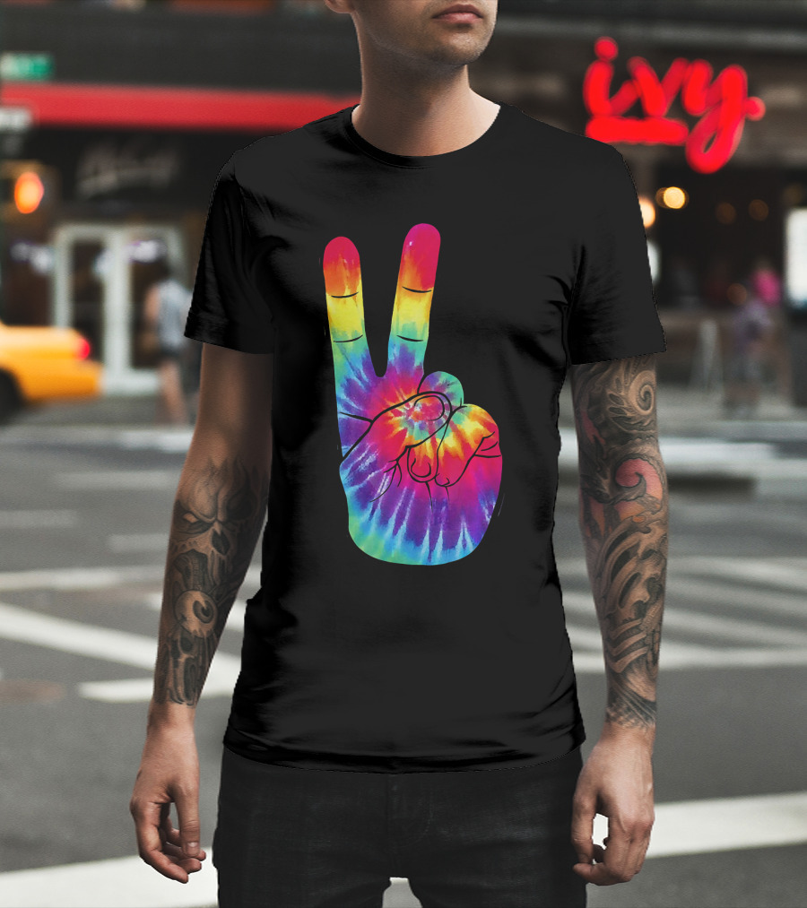 Tie Dye Peace Sign Hand Gesture Rainbow Victory T-Shirt