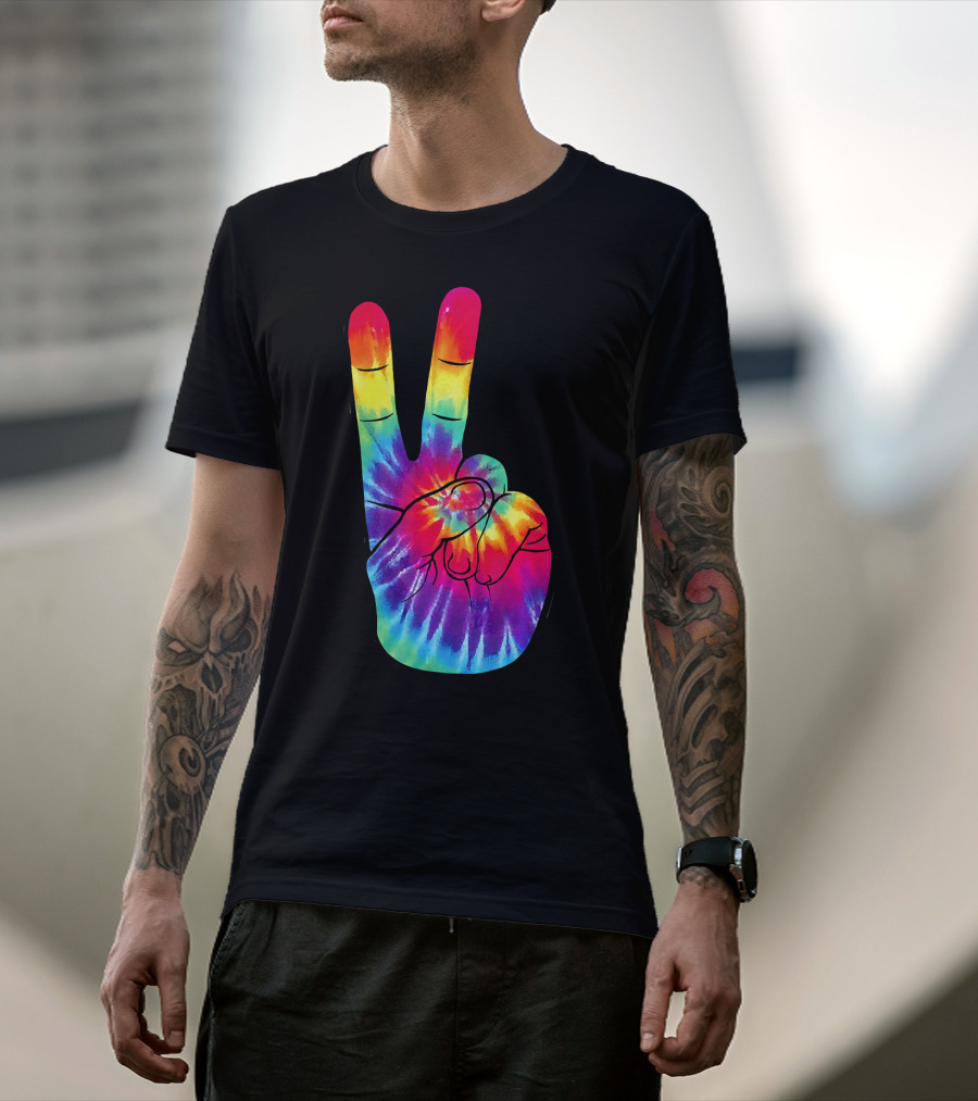 Tie Dye Peace Sign Hand Gesture Rainbow Victory T-Shirt