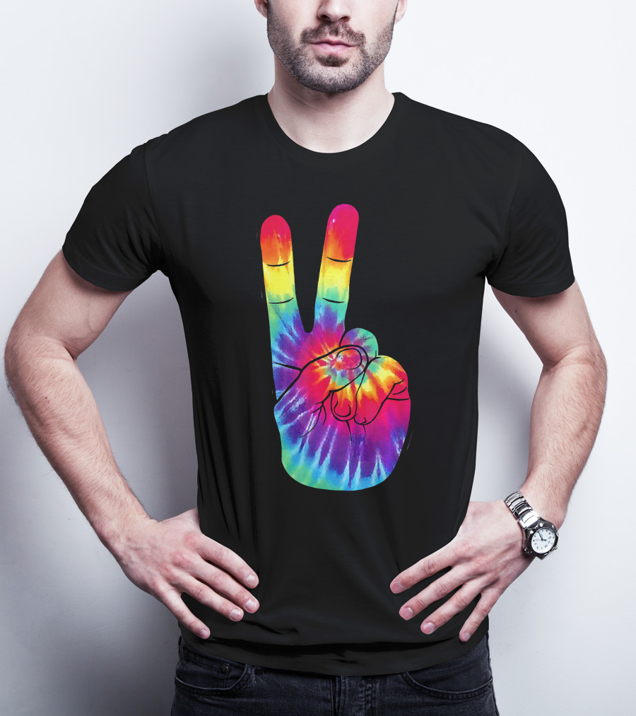 Tie Dye Peace Sign Hand Gesture Rainbow Victory T-Shirt