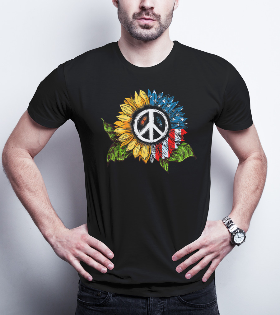 Sunflower Peace Sign American Flag T-Shirt
