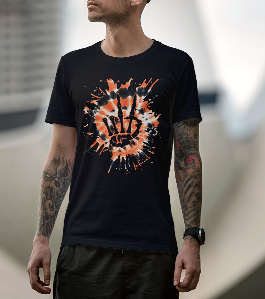 Orange Tie Dye Skeleton Hand Peace Sign T-Shirt