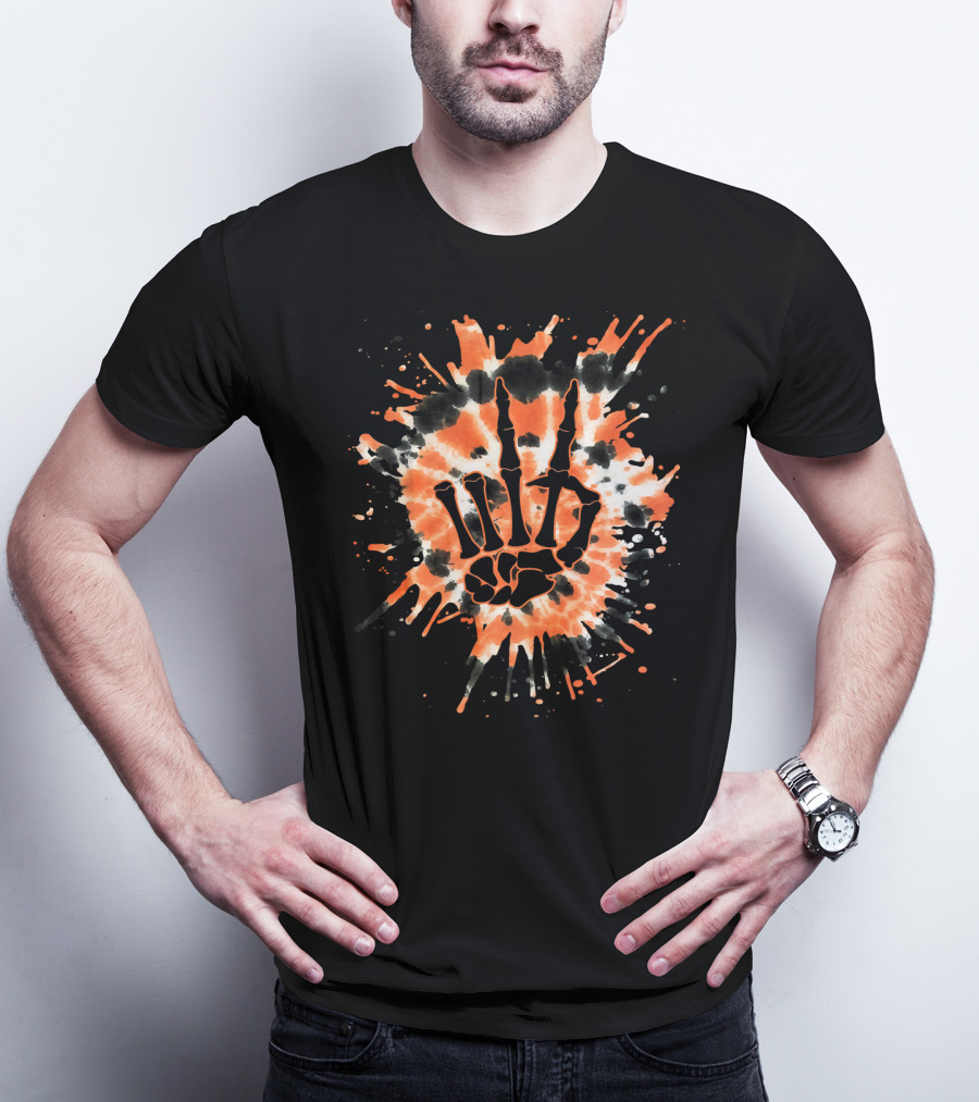 Orange Tie Dye Skeleton Hand Peace Sign T-Shirt
