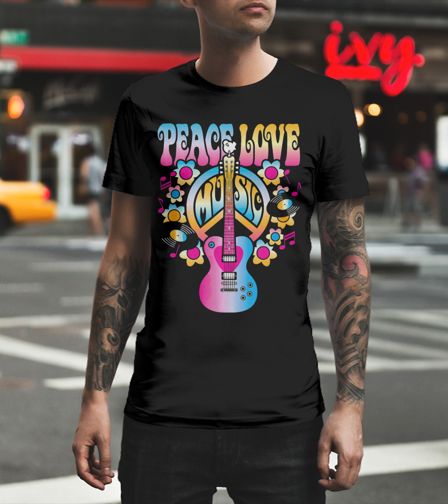 PEACE LOVE MUSIC Retro Rock And Roll Guitar Groovy 60s Style With Flowers And Peace T-Shirt