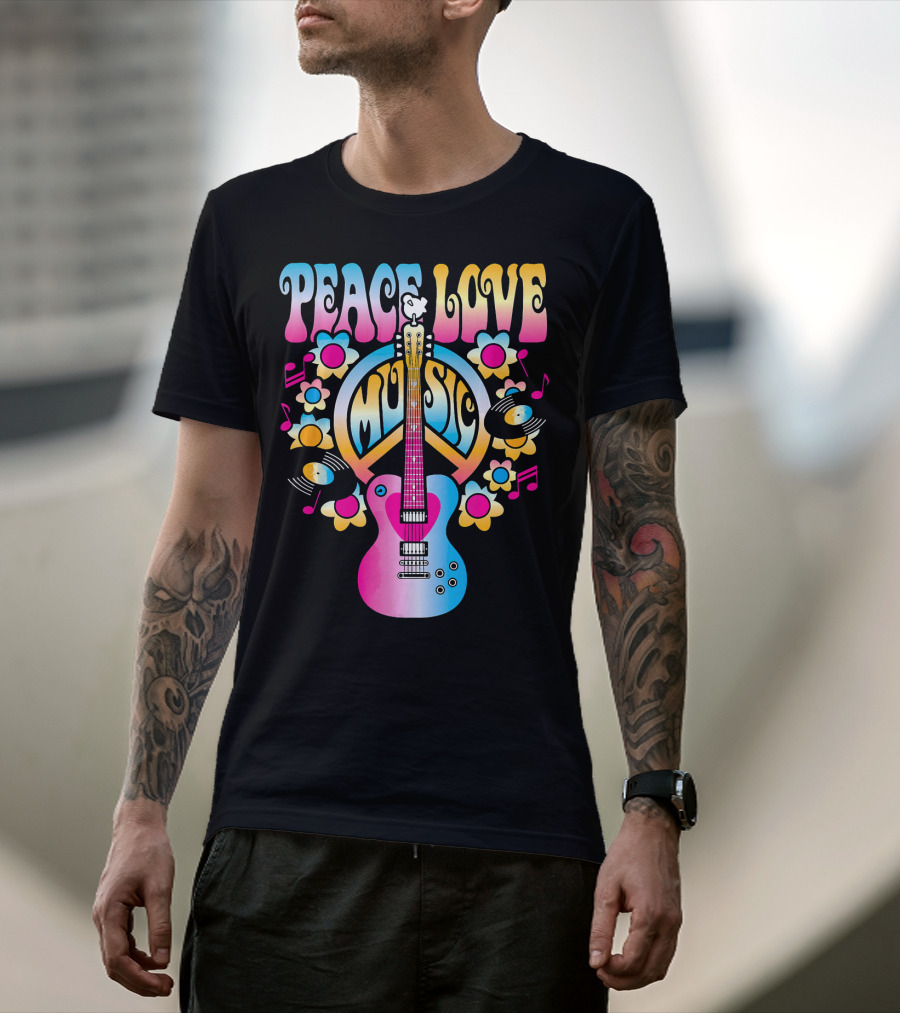 PEACE LOVE MUSIC Retro Rock And Roll Guitar Groovy 60s Style With Flowers And Peace T-Shirt