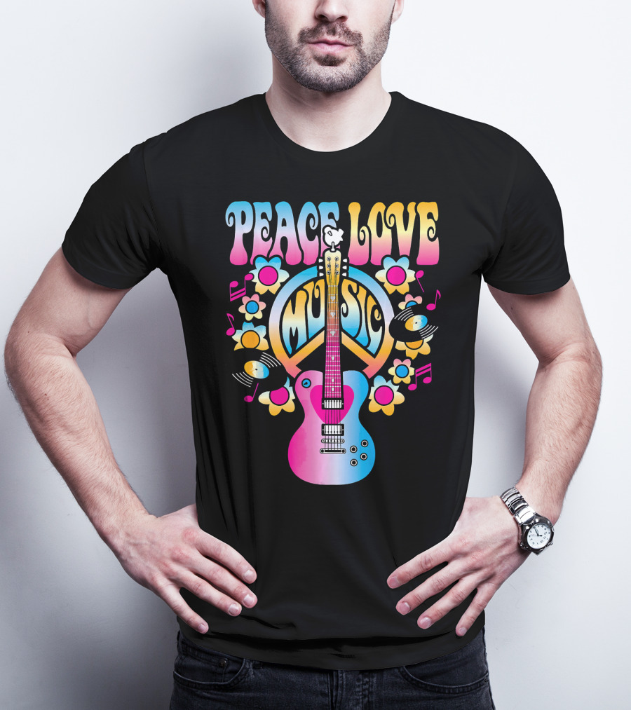 PEACE LOVE MUSIC Retro Rock And Roll Guitar Groovy 60s Style With Flowers And Peace T-Shirt