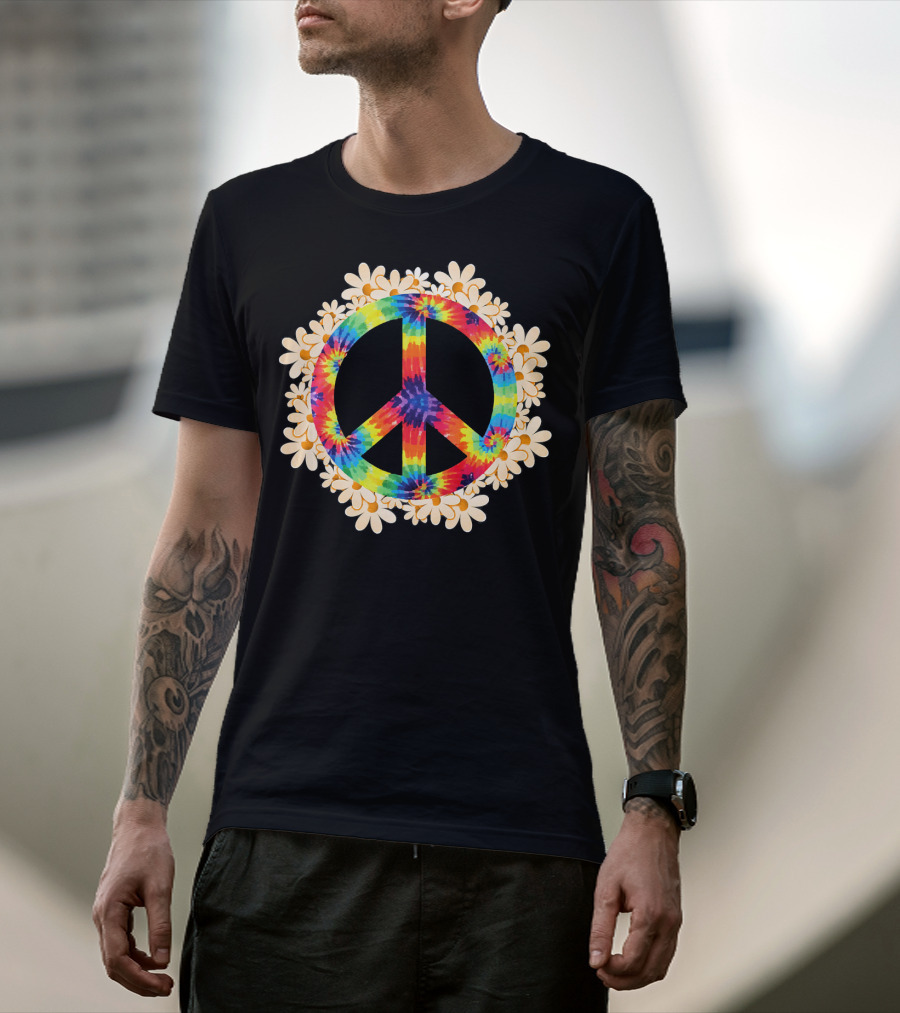 Rainbow Tie-Dye Peace Sign With Daisy Border T-Shirt