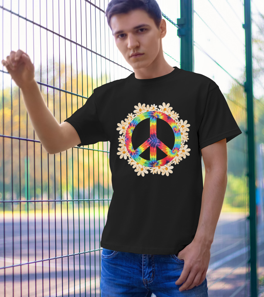 Rainbow Tie-Dye Peace Sign With Daisy Border T-Shirt