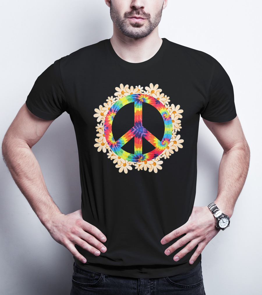 Rainbow Tie-Dye Peace Sign With Daisy Border T-Shirt