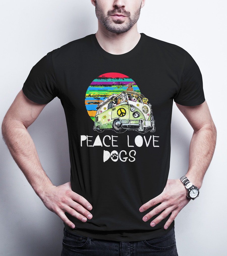 Peace Love Dogs Hippie Van Dog Lovers Vintage Peace Sign Retro Circle T-Shirt
