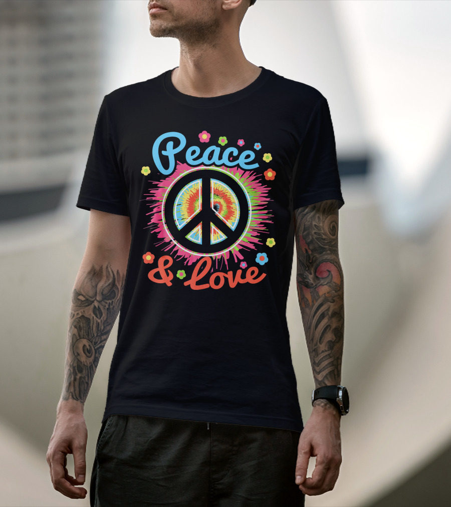 Peace And Love Tie-Dye Peace Sign With Colorful Flowers T-Shirt