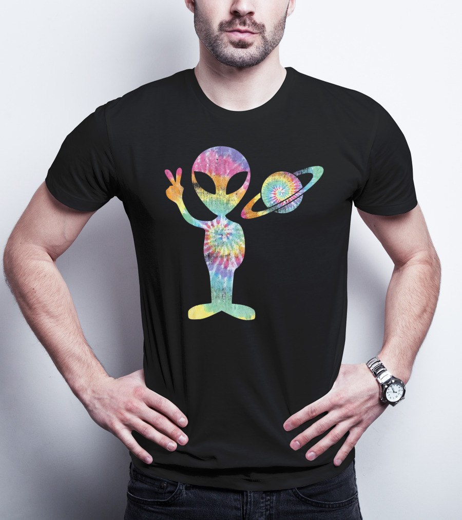 Funny Tie Dye Alien Peace Sign With Planet T-Shirt