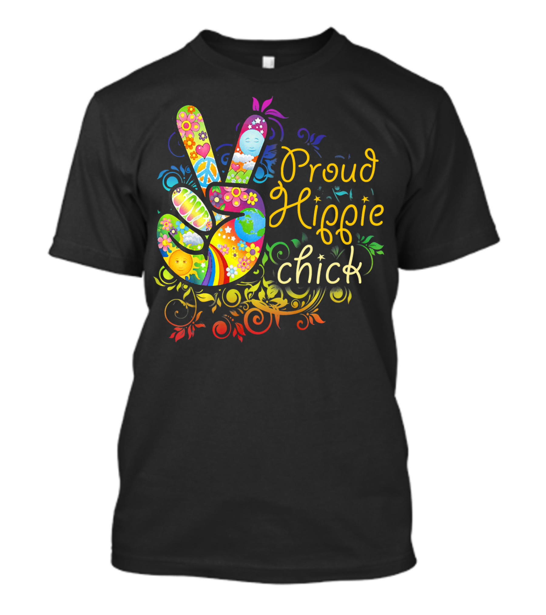 Proud Hippie Chick Peace Sign With Colorful Floral T-Shirt