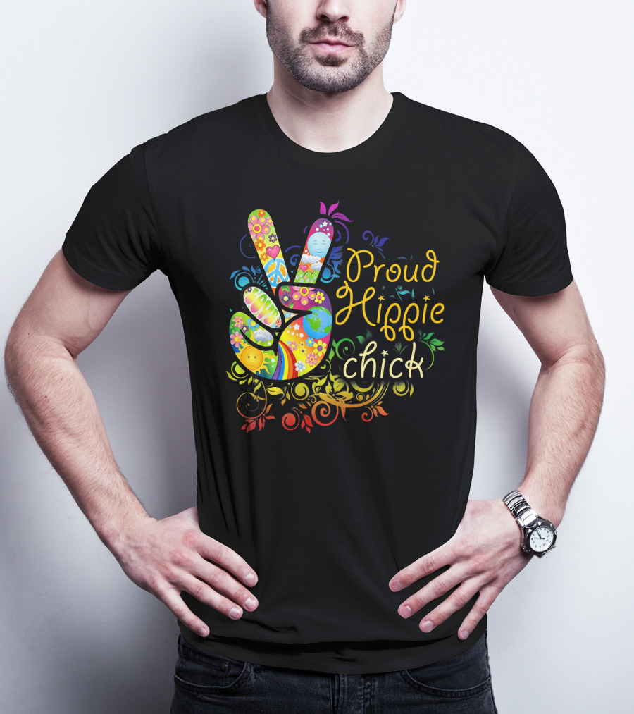 Proud Hippie Chick Peace Sign With Colorful Floral T-Shirt