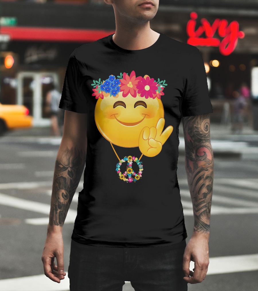 Hippie Flower Power Crown Smiley Peace Sign Necklace T-Shirt