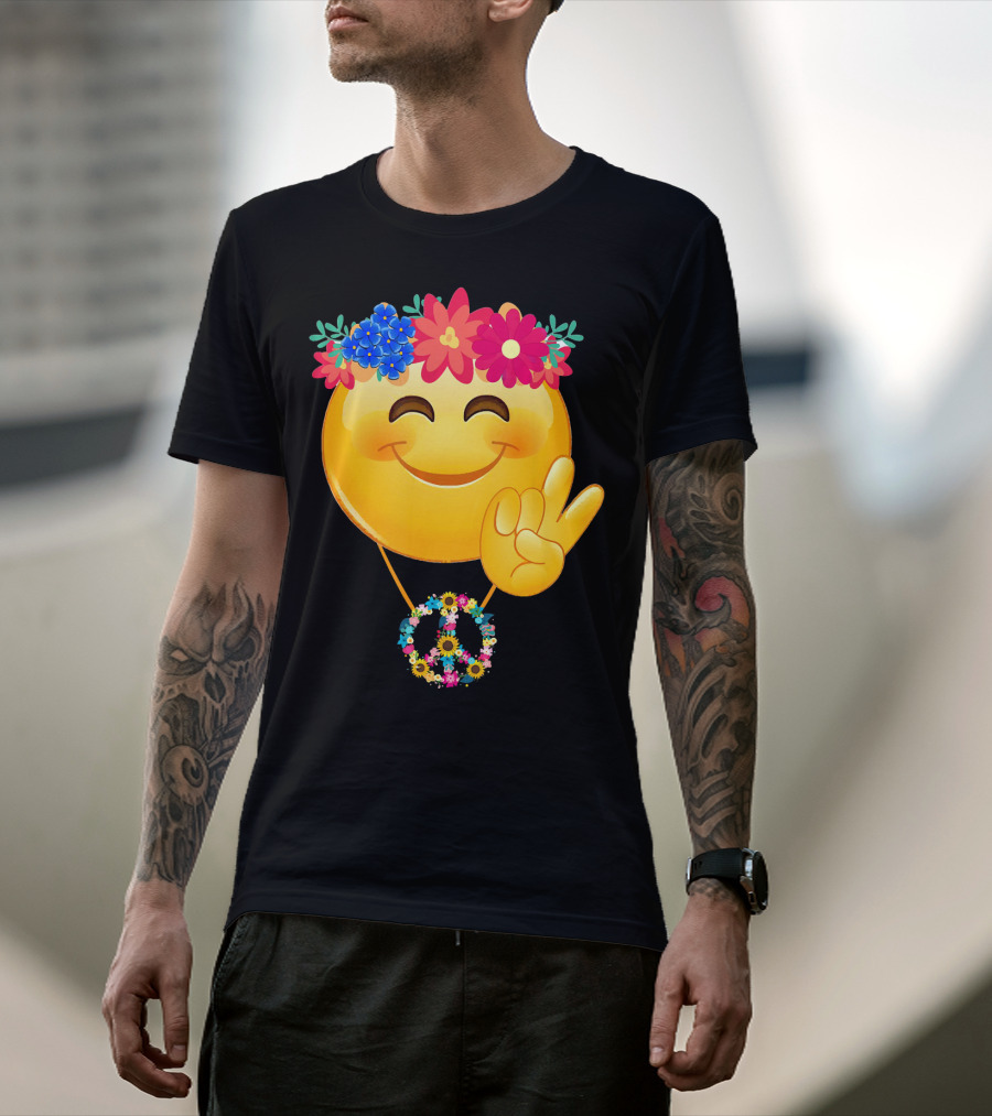 Hippie Flower Power Crown Smiley Peace Sign Necklace T-Shirt