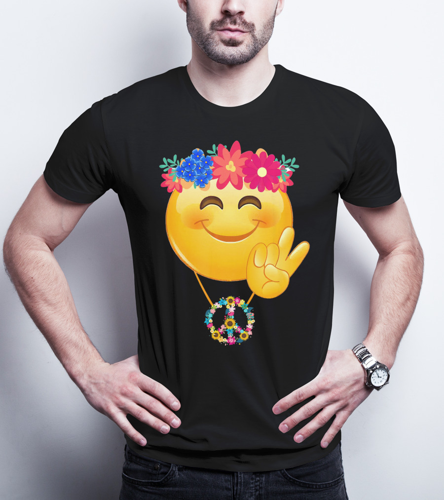 Hippie Flower Power Crown Smiley Peace Sign Necklace T-Shirt