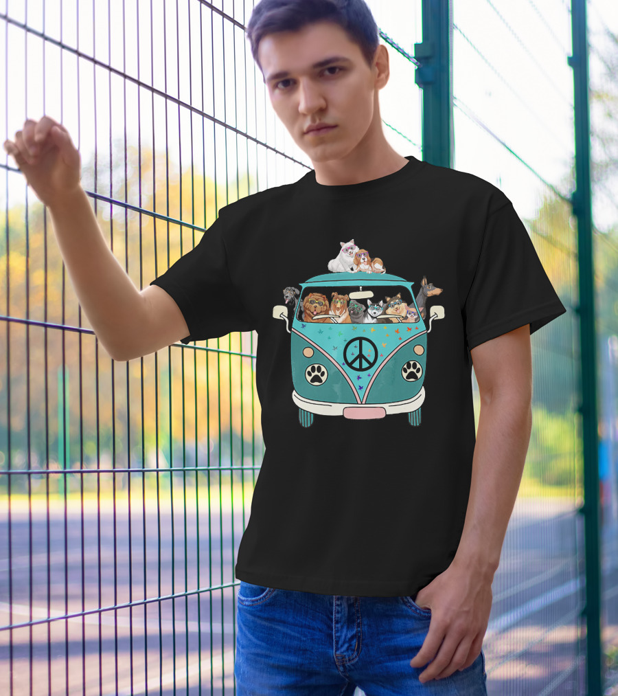 Dogs Riding A Peace Sign Paw Print Bus T-Shirt