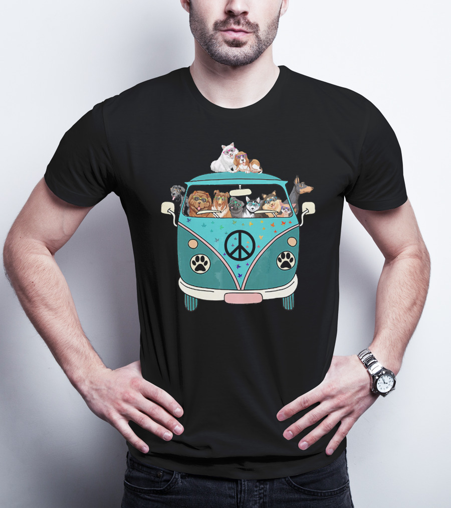 Dogs Riding A Peace Sign Paw Print Bus T-Shirt