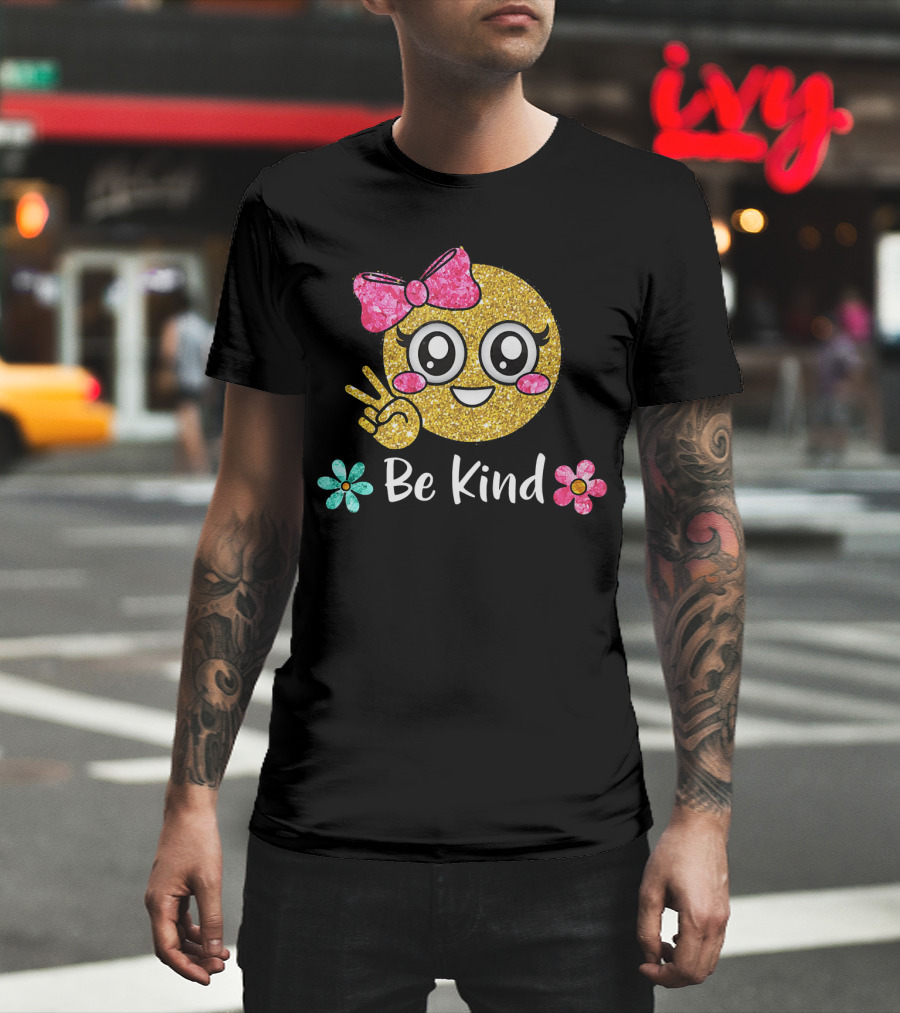 Be Kind Glitter Emoji Kawaii With Pink Bow And Flowers T-Shirt