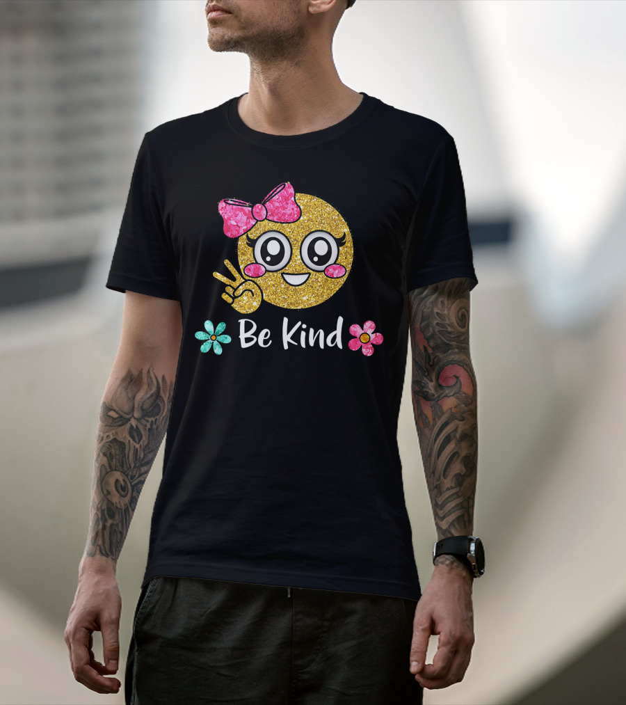 Be Kind Glitter Emoji Kawaii With Pink Bow And Flowers T-Shirt