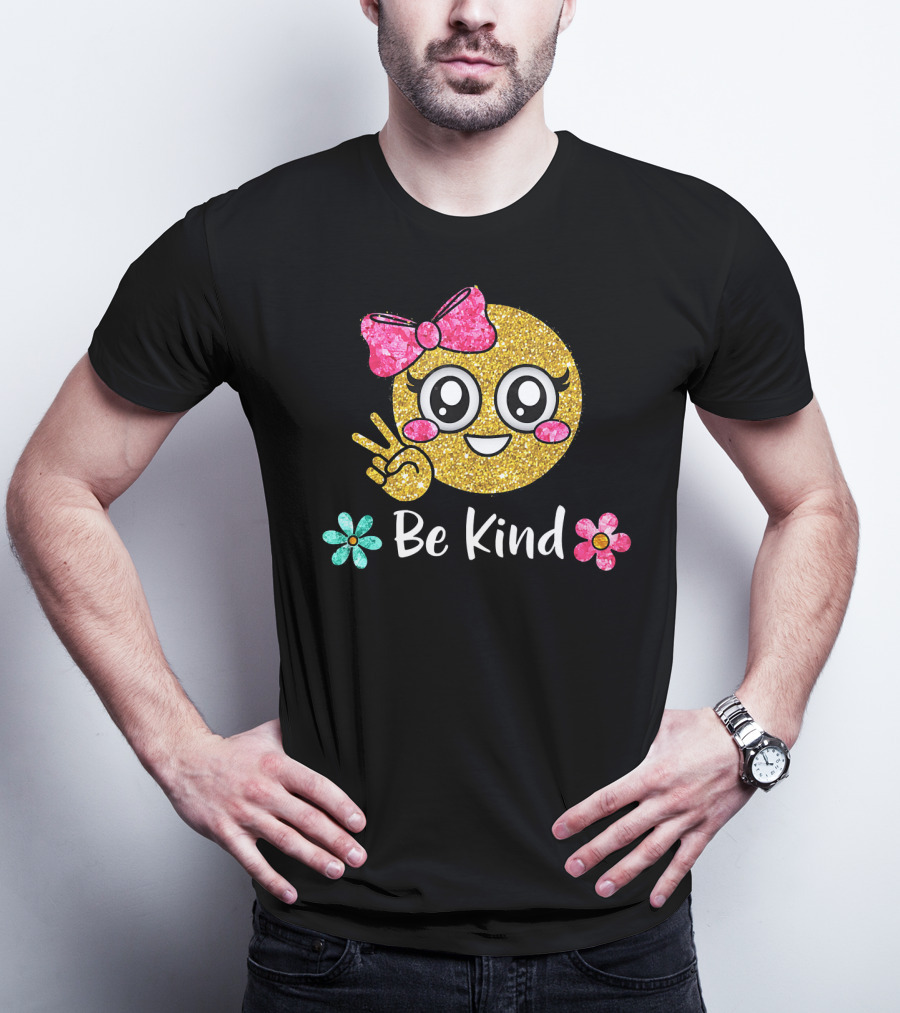 Be Kind Glitter Emoji Kawaii With Pink Bow And Flowers T-Shirt