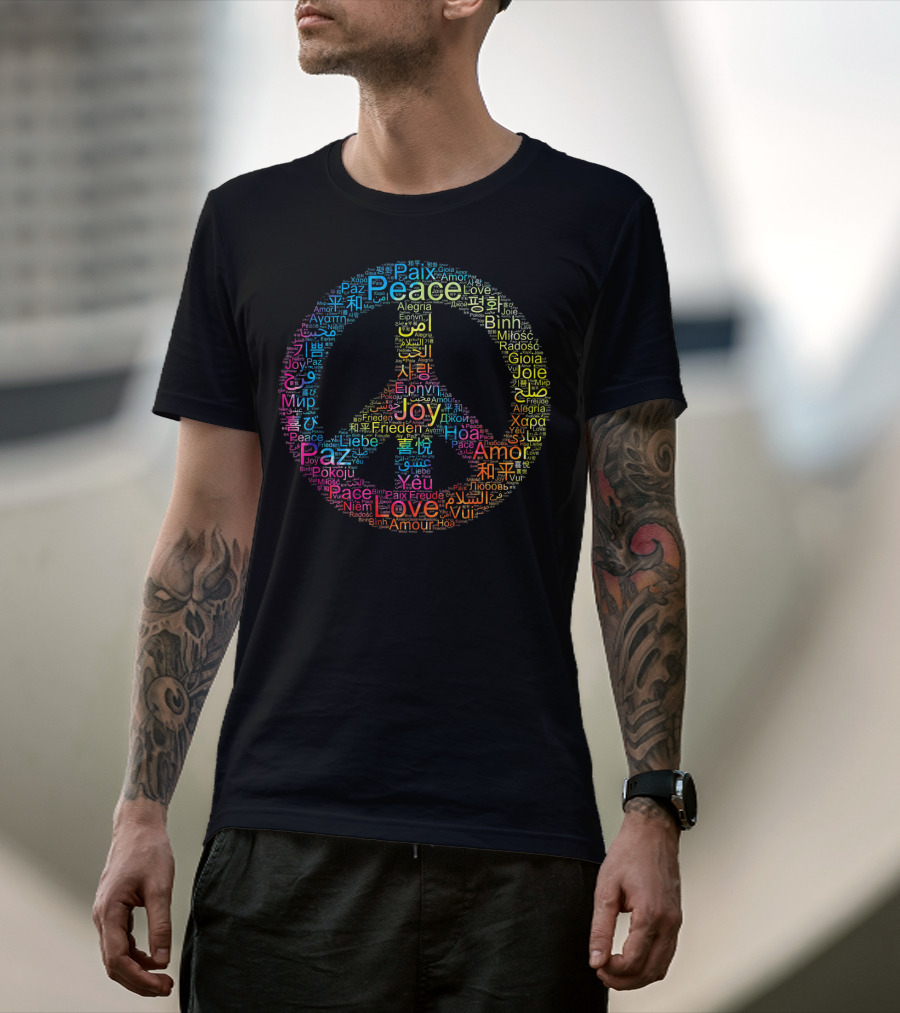Peace Love Joy Multilingual Peace Symbol Text T-Shirt