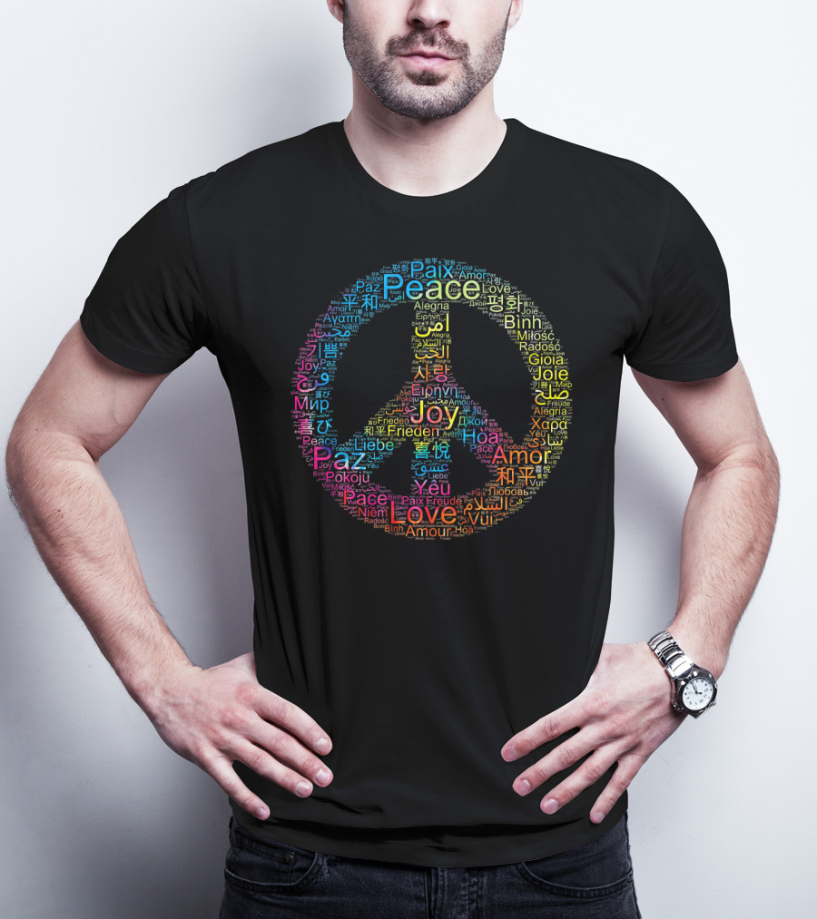 Peace Love Joy Multilingual Peace Symbol Text T-Shirt