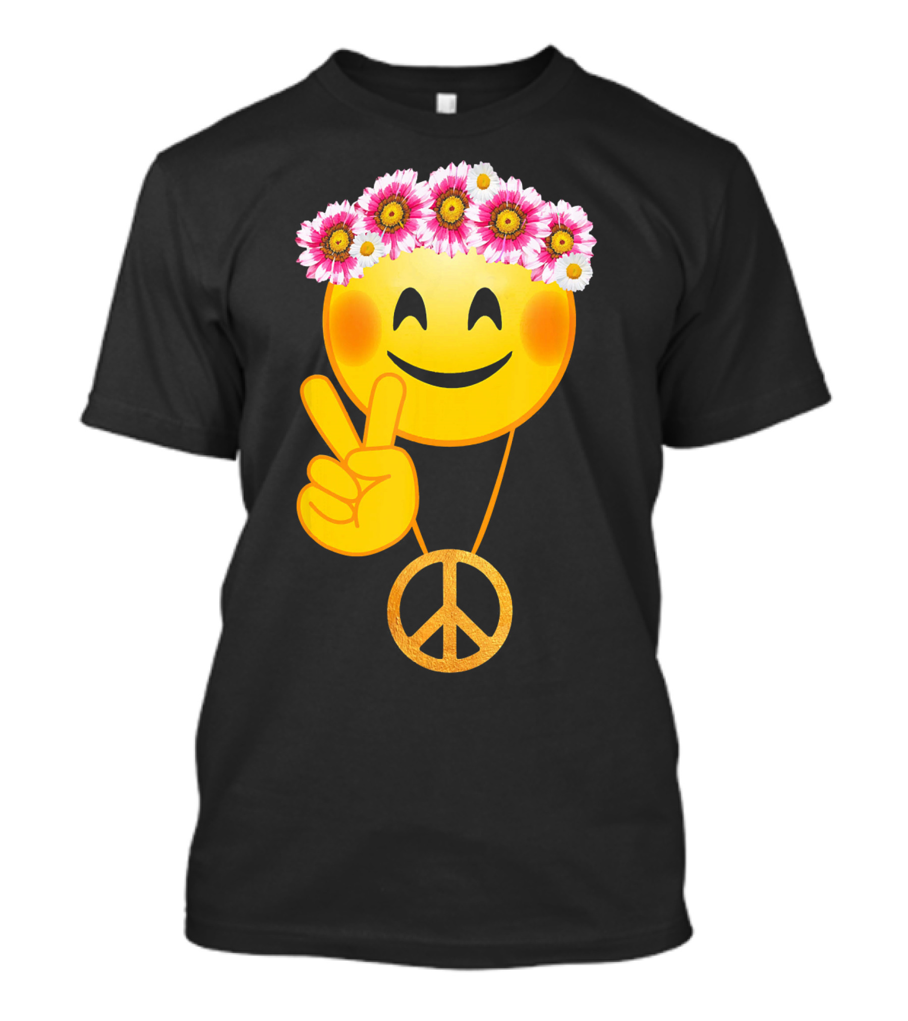 Peace Sign Smiley Face Flower Crown Hippie Necklace T-Shirt