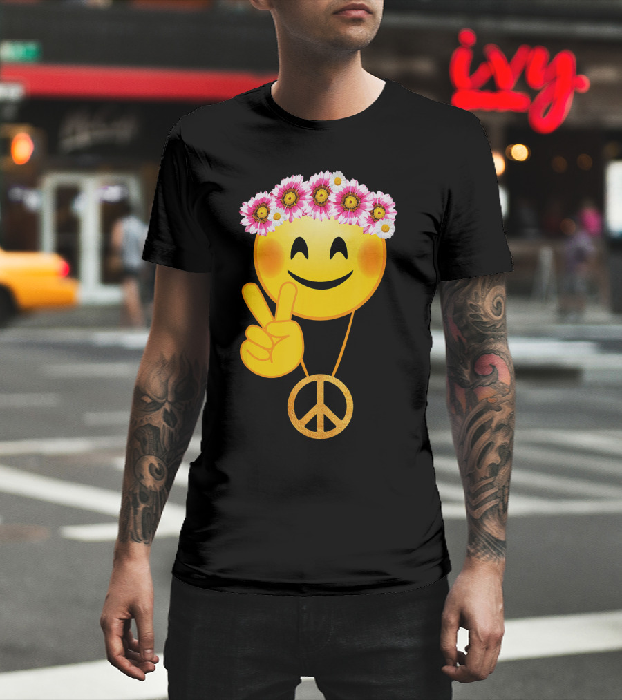 Peace Sign Smiley Face Flower Crown Hippie Necklace T-Shirt