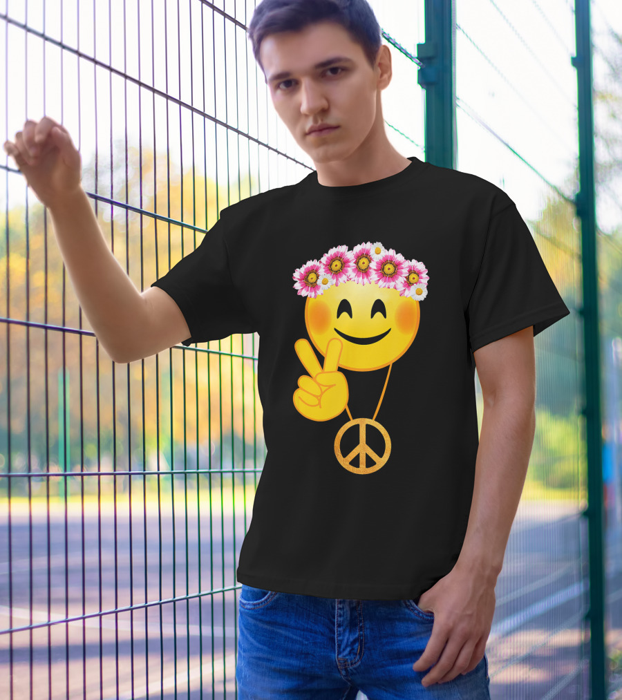 Peace Sign Smiley Face Flower Crown Hippie Necklace T-Shirt