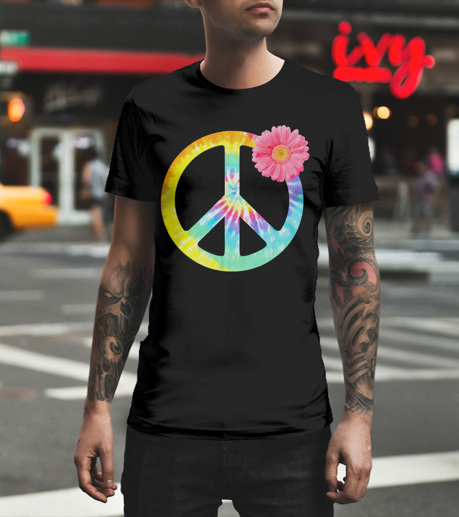 Boho Tie Dye Peace Sign With Pink Flower T-Shirt