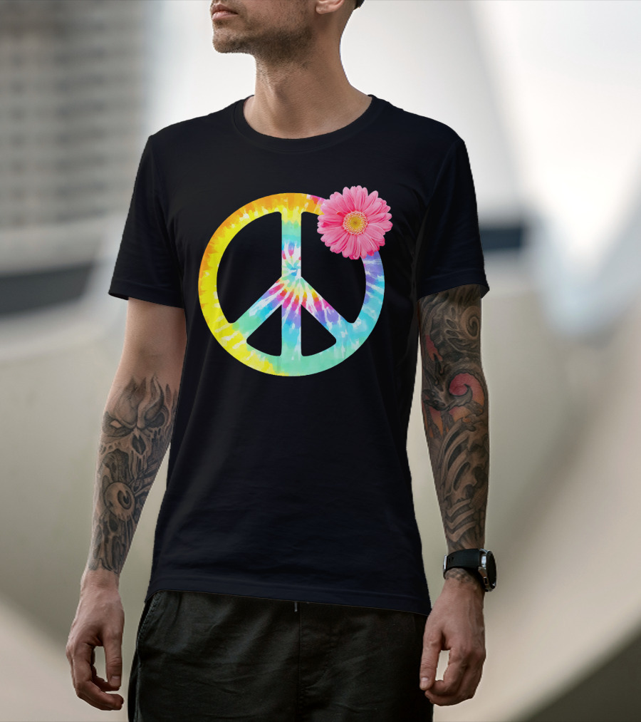 Boho Tie Dye Peace Sign With Pink Flower T-Shirt