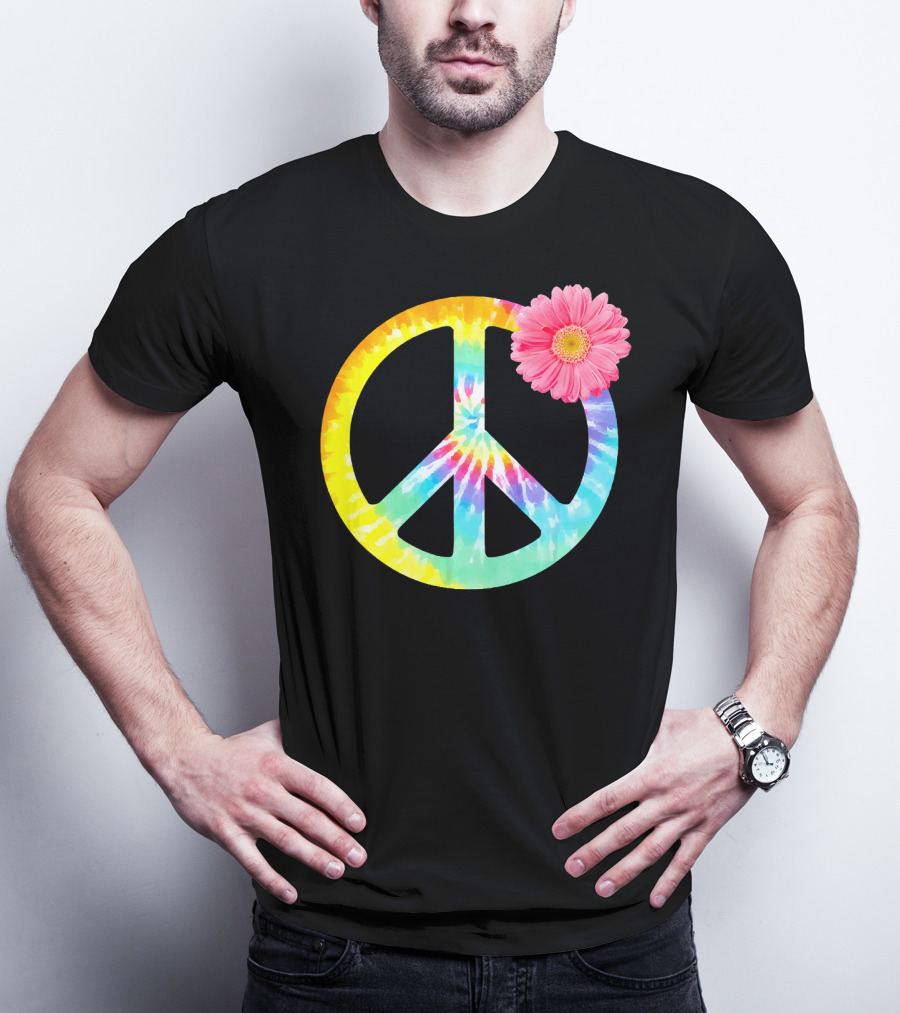 Boho Tie Dye Peace Sign With Pink Flower T-Shirt