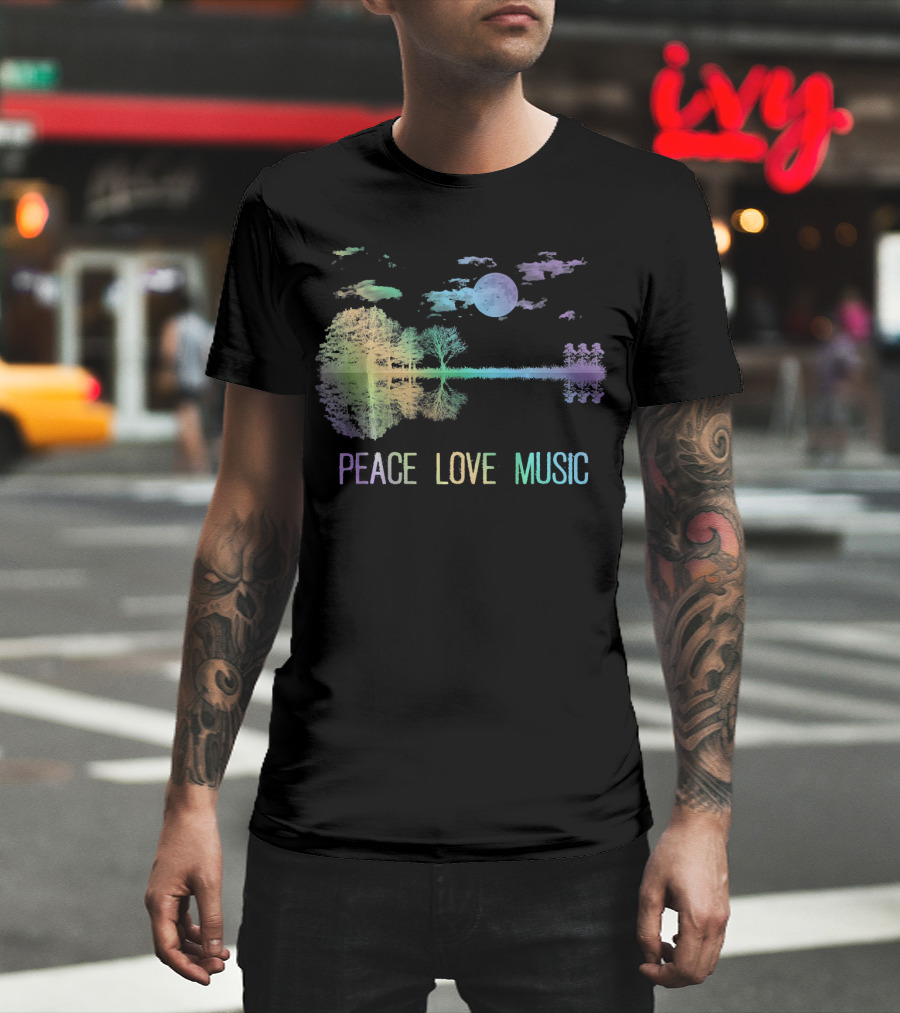 Peace Love Music Guitar Moon Lake Shadow Hippie T-Shirt