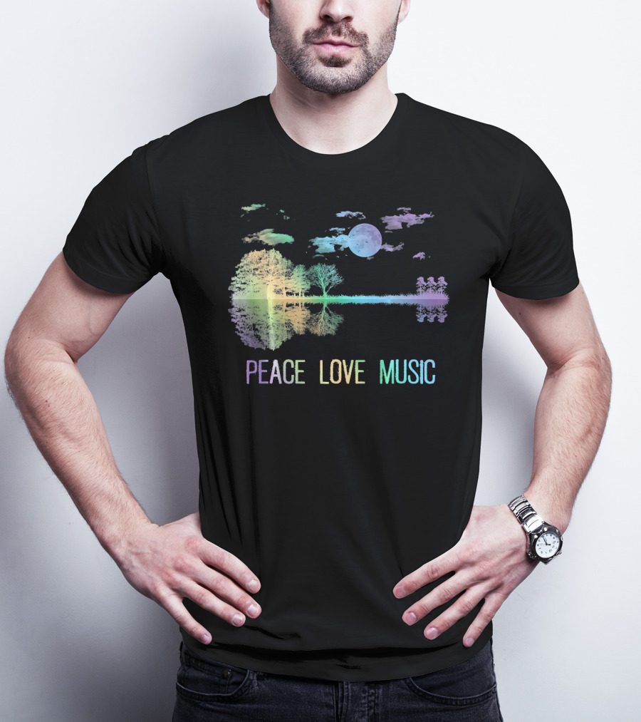Peace Love Music Guitar Moon Lake Shadow Hippie T-Shirt