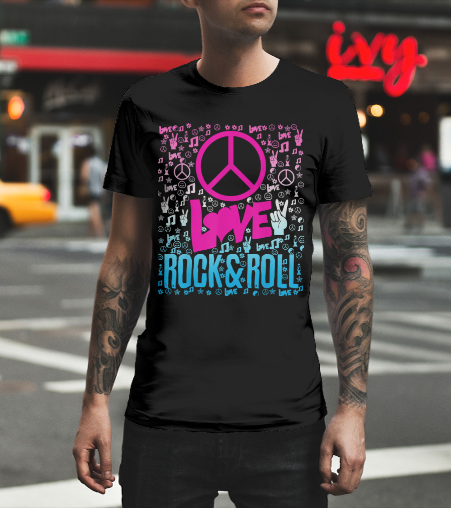 Peace Love Rock And Roll Music Icons And Hippie Symbols T-Shirt
