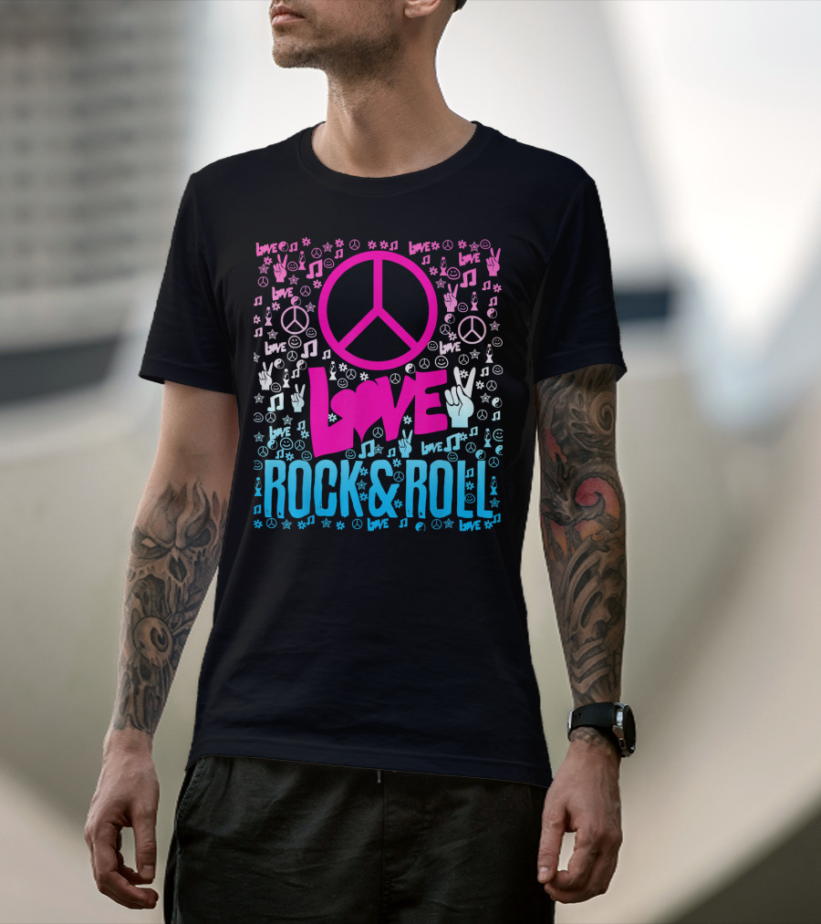Peace Love Rock And Roll Music Icons And Hippie Symbols T-Shirt