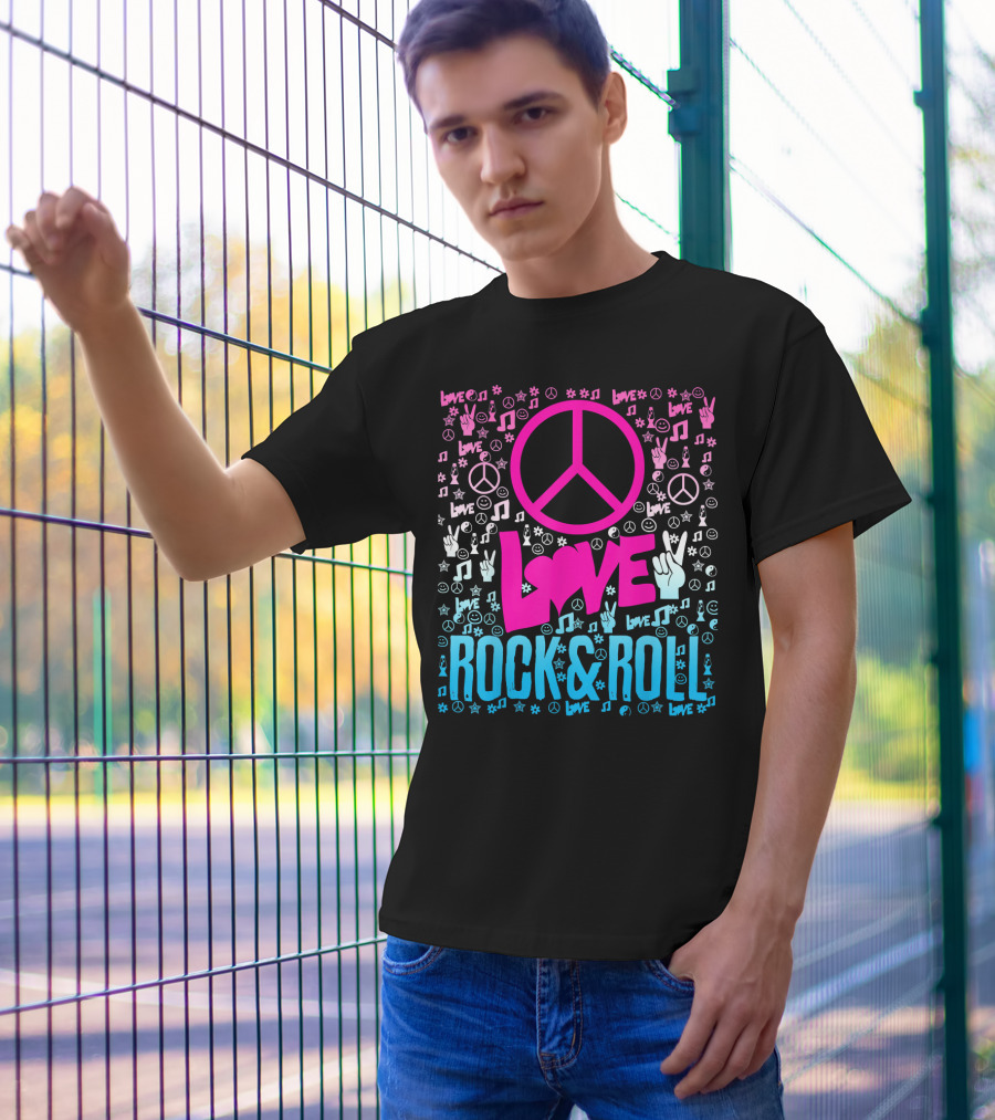 Peace Love Rock And Roll Music Icons And Hippie Symbols T-Shirt