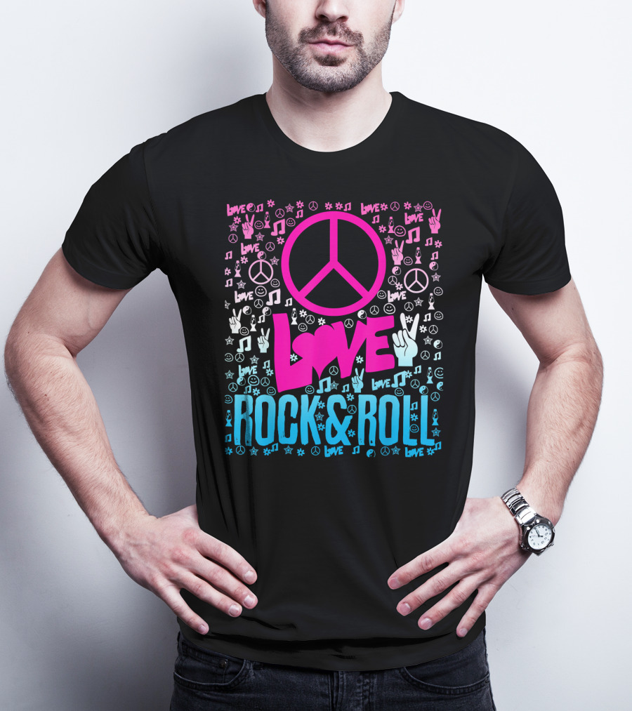 Peace Love Rock And Roll Music Icons And Hippie Symbols T-Shirt