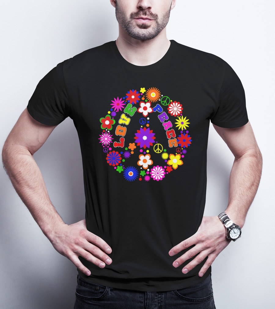 Love Peace Sign Retro Flowers Hippie Col Colorful Groovy T-Shirt