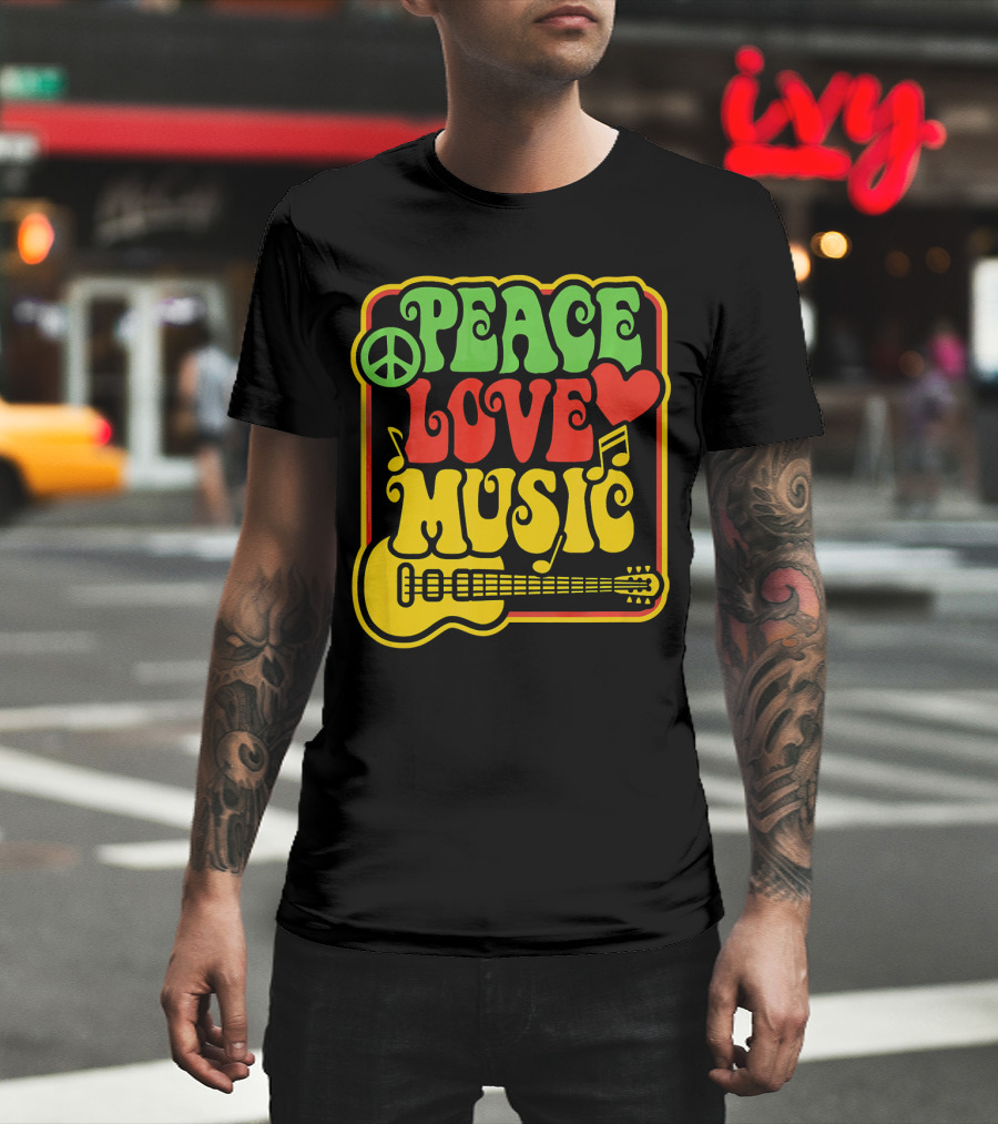 PEACE LOVE MUSIC Rock And Roll Reggae Guitar T-Shirt