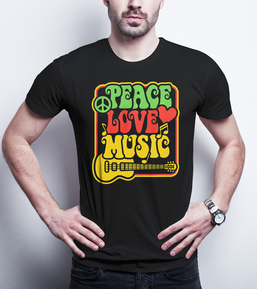 PEACE LOVE MUSIC Rock And Roll Reggae Guitar T-Shirt