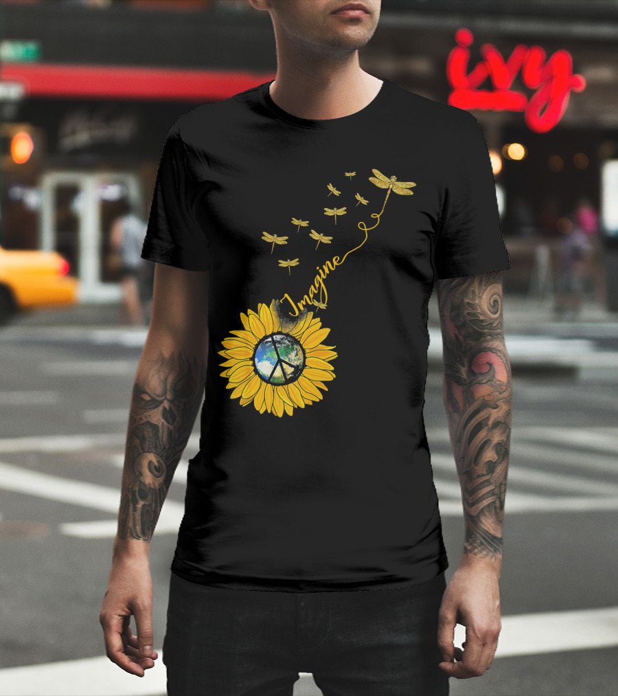 Imagine Peace Earth Sunflower Dragonflies T-Shirt