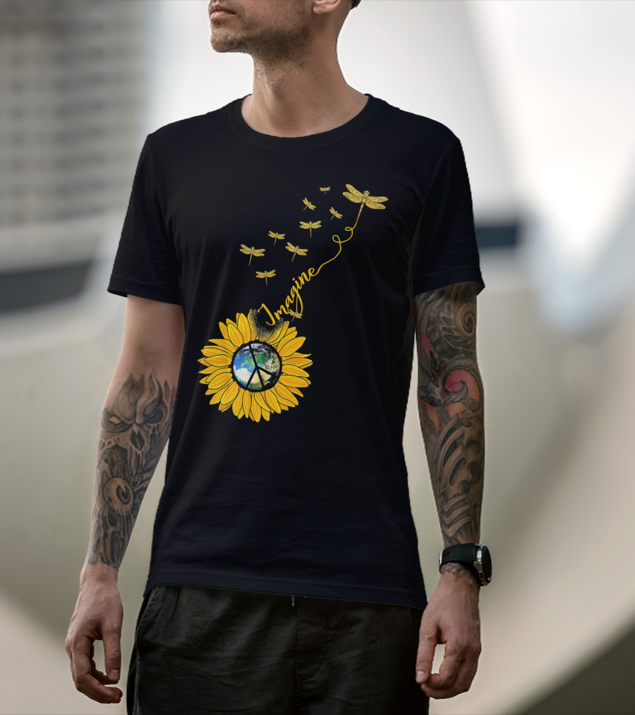 Imagine Peace Earth Sunflower Dragonflies T-Shirt