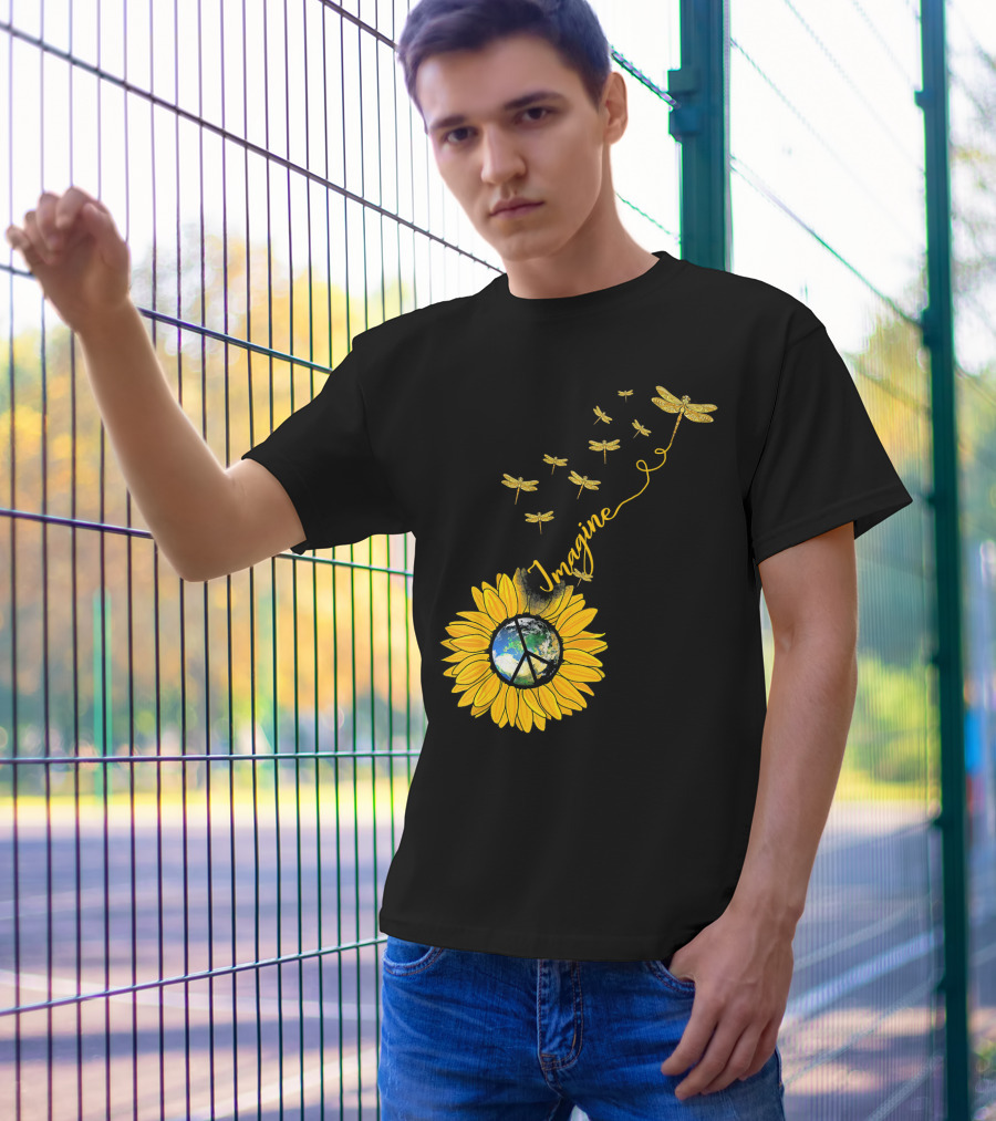 Imagine Peace Earth Sunflower Dragonflies T-Shirt