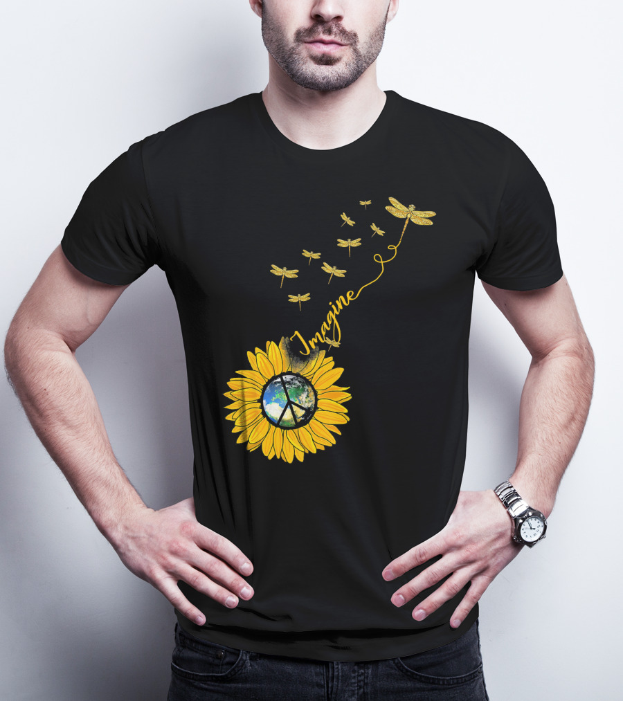 Imagine Peace Earth Sunflower Dragonflies T-Shirt