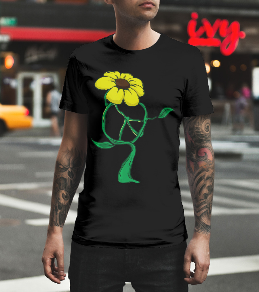 Hippie Yellow Flower Peace Sign Stem Green Leaves T-Shirt