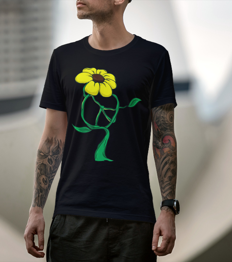 Hippie Yellow Flower Peace Sign Stem Green Leaves T-Shirt
