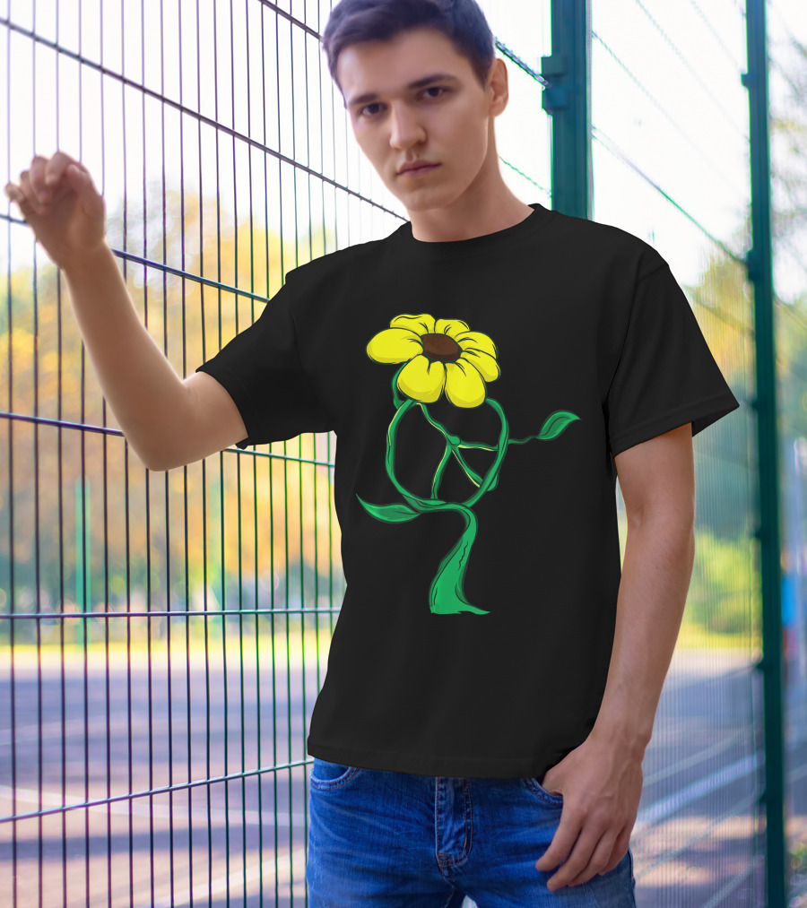 Hippie Yellow Flower Peace Sign Stem Green Leaves T-Shirt